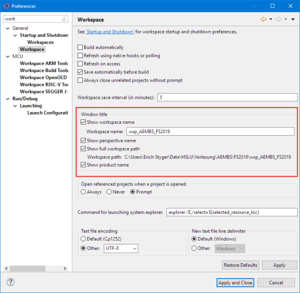 Show Workspace Location in the Title Bar | MCU on Eclipse