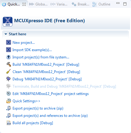 Quickstart Panel | MCU on Eclipse