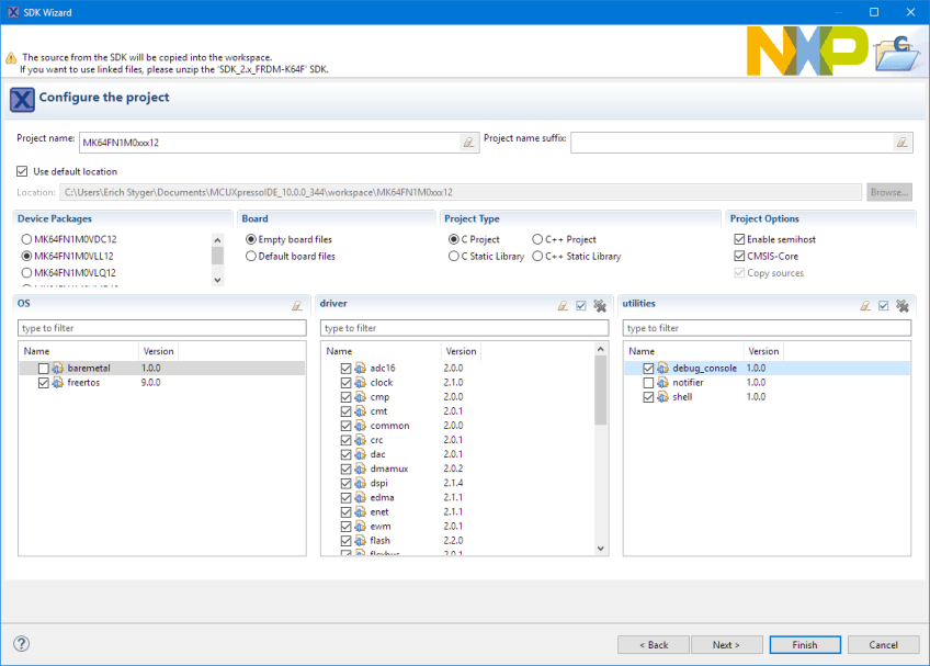 SDK Wizard Options | MCU on Eclipse
