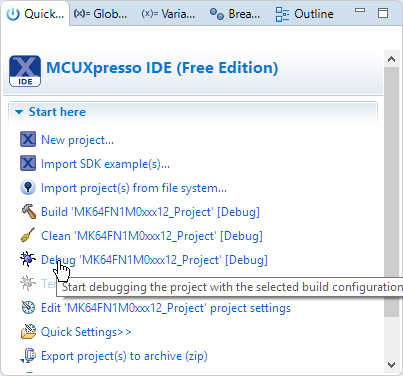 Debug in Quickstart Panel | MCU on Eclipse