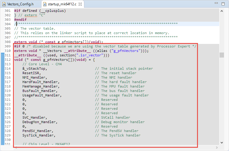 Start of disabled vector table | MCU on Eclipse