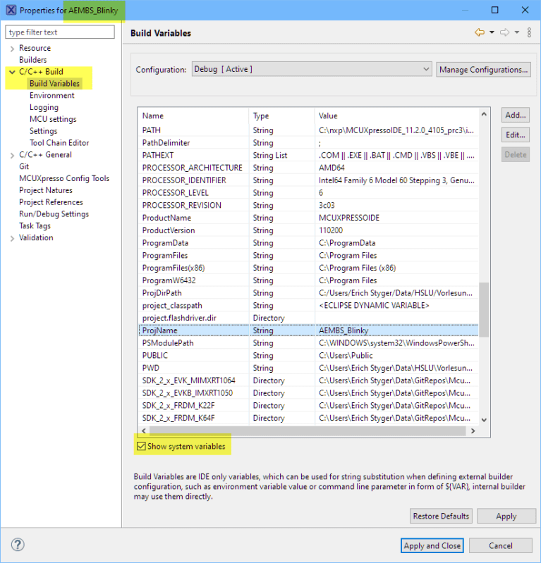 How to use Eclipse CDT Environment Variables in C/C++ Code | MCU on Eclipse